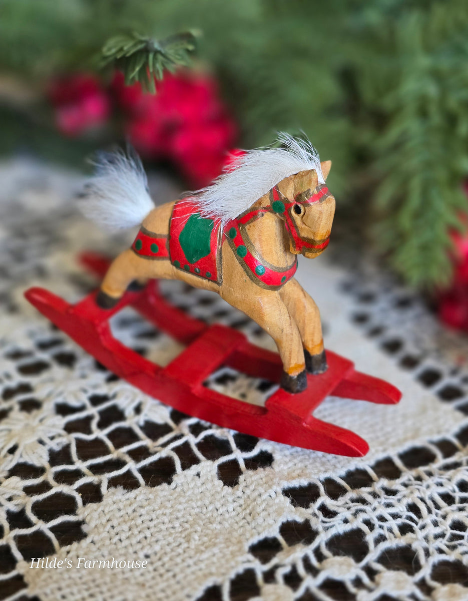 Vintage Wood Carved Rocking Horse with Rabbit Fur – Hilde's Farmhouse